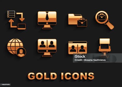 화상 채팅 회의 서류 가방이 있는 돋보기 사무실 의자 프리랜서 온라인 작업 및 아이콘을 설정합니다 벡터 Brand Name Online Messaging Platform에