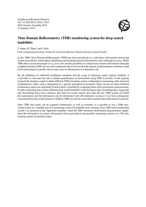 Pdf Time Domain Reflectometry Tdr Monitoring System For Deep Seated Landslides