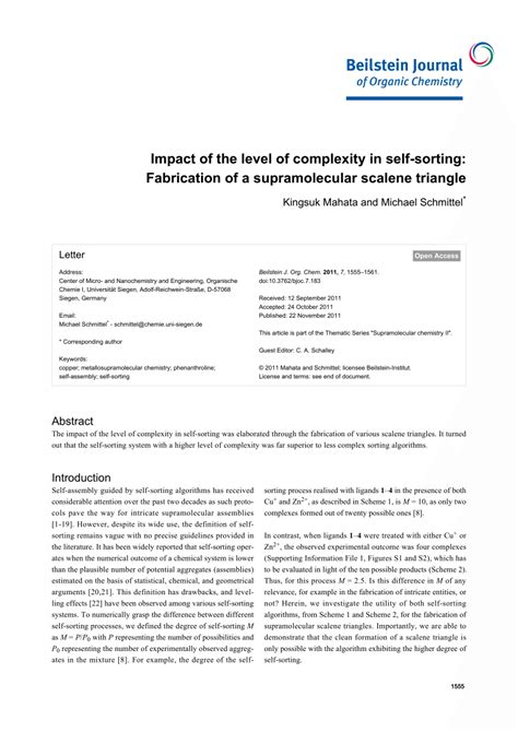 Pdf Impact Of The Level Of Complexity In Self Sorting Fabrication Of A Supramolecular Scalene