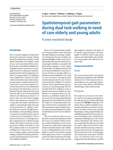 Pdf Spatiotemporal Gait Parameters During Dual Task Walking In Need Of Care Elderly And Young