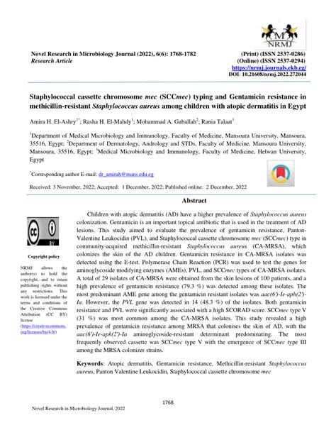 Pdf Staphylococcal Cassette Chromosome Mec Sccmec Typing And Gentamicin Resistance In