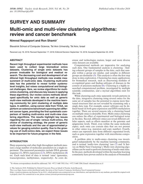Pdf Multi Omic And Multi View Clustering Algorithms Review And