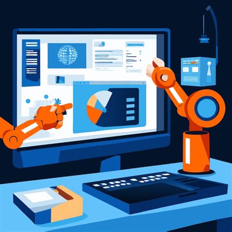 Ai Robot Arm Working Computer Chart Monitor Many People Cheers Vector