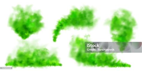 흰색 배경에 고립 된 녹색 다채로운 연기 구름 현실적인 안개 효과 안개 공기 중의 증기 증기 흐름 벡터 일러스트 레이 션 개념에 대한 스톡 벡터 아트 및 기타 이미지