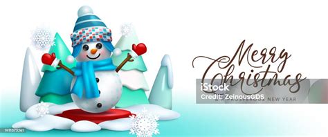 크리스마스 눈사람 인사말 벡터 디자인 메리 크리스마스 타이포그래피 텍스트와 귀엽고 행복한 눈 남자 캐릭터와 겨울 휴가 시즌을위한 전나무 야외 요소 3차원 형태에 대한 스톡