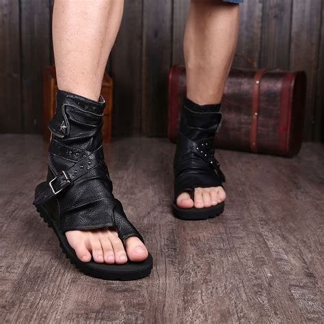 Sale Genuine Leather Gladiator Sandals For Men Black White Ankle Men Flats Italian Shoes Sandals