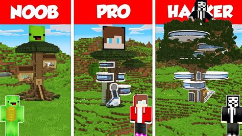 Tree House Oak Base Build Battle Challenge JJ Vs Mikey Vs Hacker Minecraft Animation YouTube