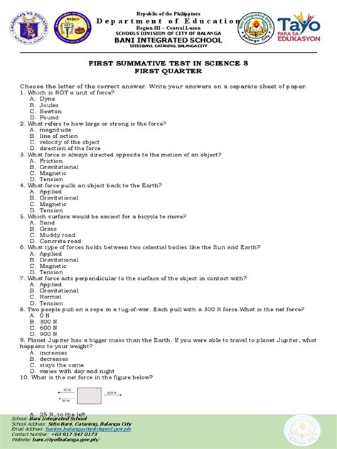 First Summative Test In Science 8 Q1 Pdf Force Weight