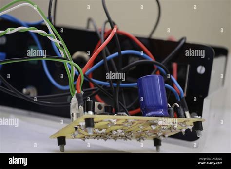 Electronic Circuit Board With Capacitor Connections And Wires Stock