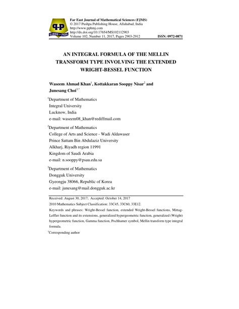 Pdf An Integral Formula Of The Mellin Transform Type Involving The Extended Wright Bessel Function