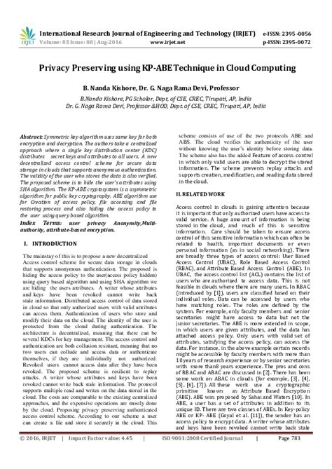 Pdf Privacy Preserving Using Kp Abe Technique In Cloud Computing
