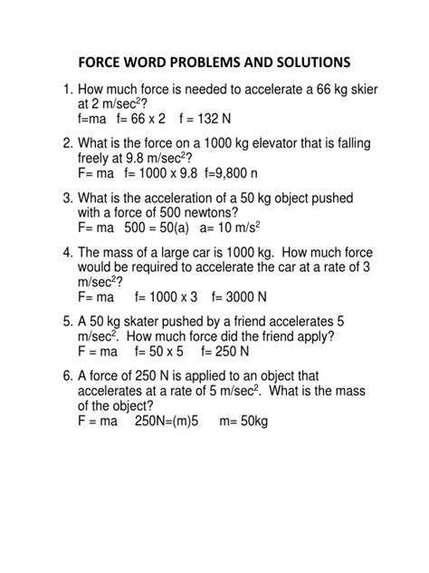 Force Word Problems And Solutions Pdf Potential Energy Force