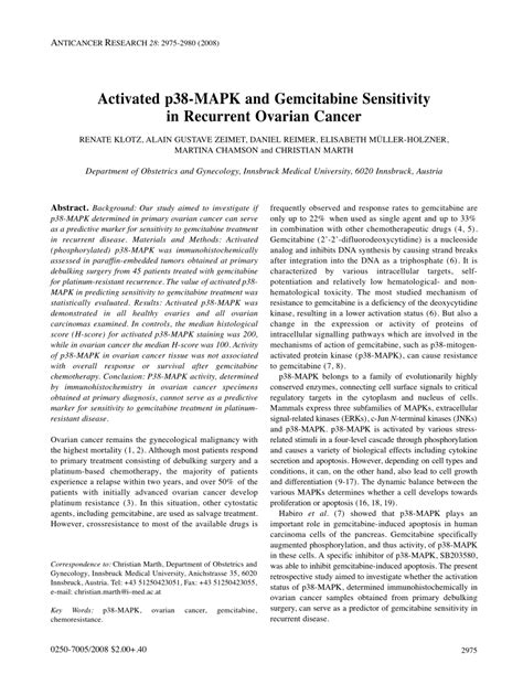 Pdf Activated P38 Mapk And Gemcitabine Sensitivity In Recurrent