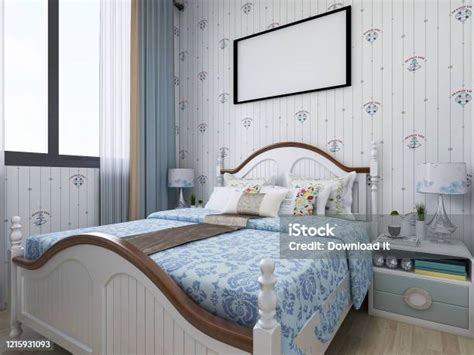 3d 렌더링 대형 침대와 옷장이있는 파란색 지중해 디자인 침실 0명에 대한 스톡 사진 및 기타 이미지 0명 가구 가정의