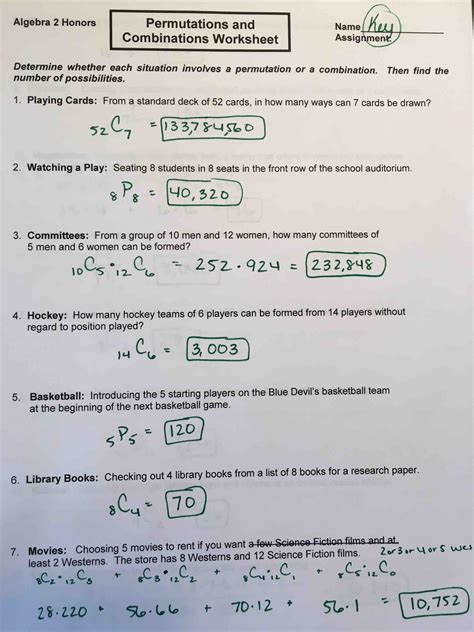 Permutations And Combinations Worksheet Key Education Studocu