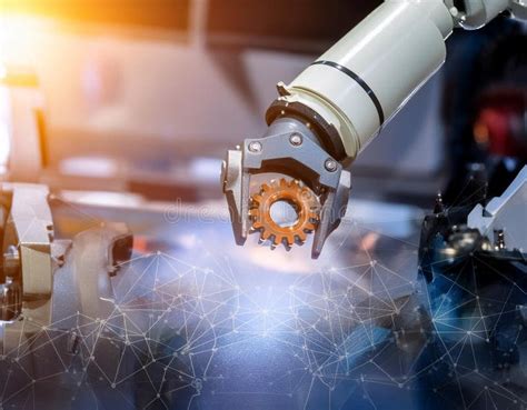 Robotic Arm And Gears Representing Automation And Technology Robotic Arm And Gears Representing Automation And Technology