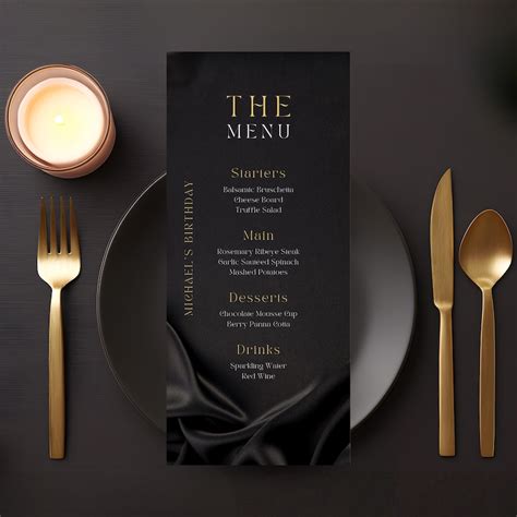 Editable Black Satin Gold Menu Printable Black Gold Dinner Menu