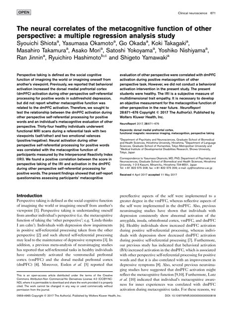 Pdf The Neural Correlates Of The Metacognitive Function Of Other Perspective A Multiple