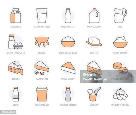 유제품 라인 아이콘 세트입니다 주전자 케피어 계란 젖소 코티지 치즈 병 요구르트 체다 최소 벡터 그림 우유 음식에 대한 간단한 개요 표시입니다 오렌지 색상 편집 가능한 획