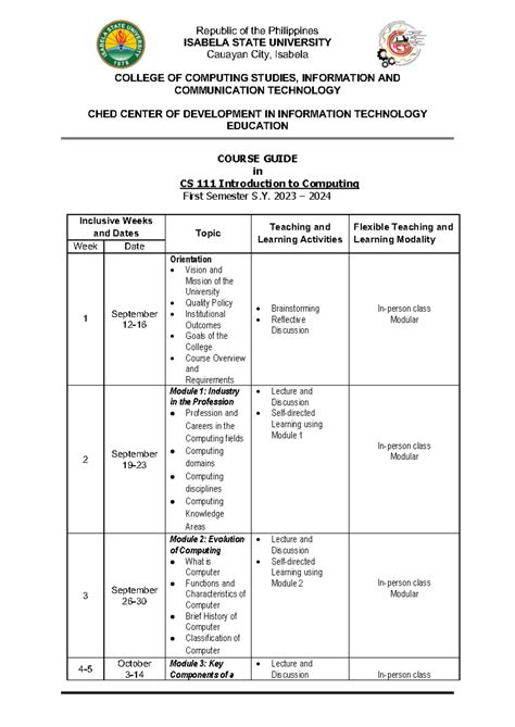 Course Guide In Cs 111 Intorduction To Computing Isabela State University Cauayan City