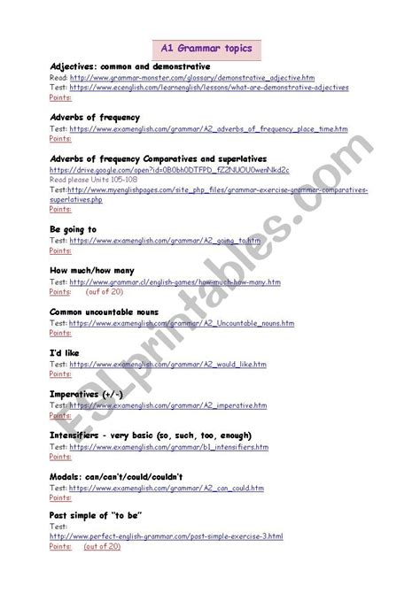 Grammar Topics And Tests For A1 Esl Worksheet By Curious Minion