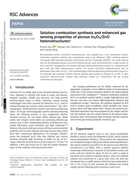 Pdf Solution Combustion Synthesis And Enhanced Gas Sensing Properties Of Porous In 2 O 3 Zno