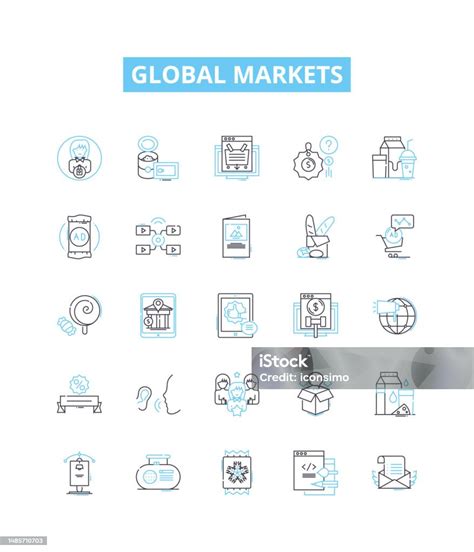글로벌 시장 벡터 라인 아이콘이 설정되었습니다 시장 글로벌 무역 거래소 주식 통화 상품 일러스트레이션 개요 개념 기호 및 기호 관세에 대한 스톡 벡터 아트 및 기타 이미지