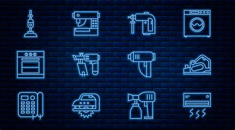 라인 에어컨 전기 대패 도구 로터리 해머 드릴 머신 네일 건 오븐 진공 청소기 산업용 건조기 및 바느질 아이콘을 설정합니다 벡터 에어컨에 대한 스톡 벡터 아트 및 기타