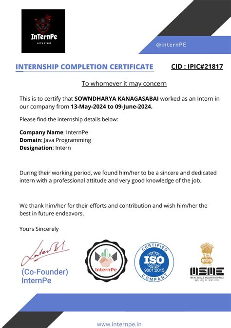 Sowndharya Kanagasabai On Linkedin Java Internship Internpe Certified
