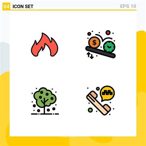 Group Of 4 Modern Filledline Flat Colors Set For Fire Agriculture Spark