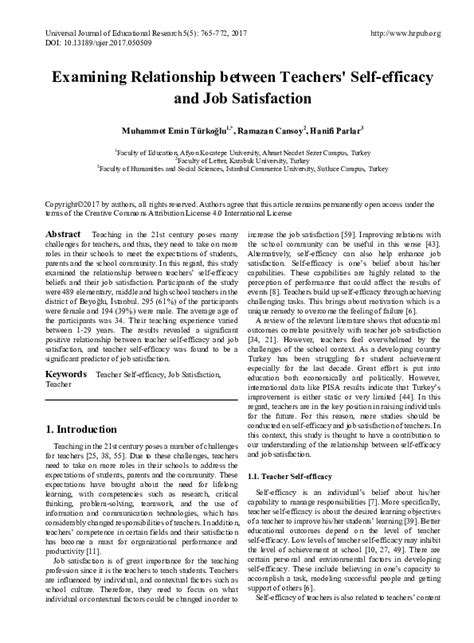 Pdf Examining Relationship Between Teachers Self Efficacy And Job
