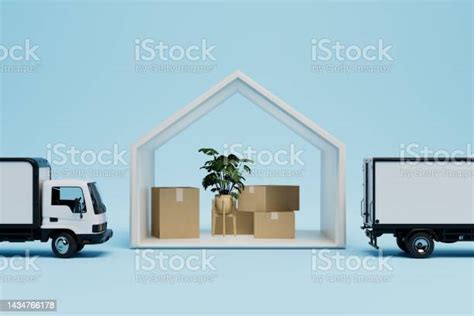 이사 할 때 회사 서비스를 이동합니다 파란색 배경에 상자와 트럭이 있는 집의 프레임 3d 렌더링 가구에 대한 스톡 사진 및 기타 이미지 Istock