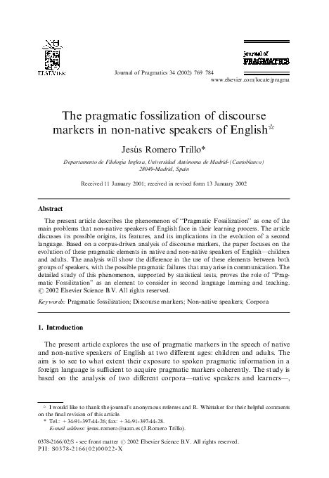 Pdf The Pragmatic Fossilization Of Discourse Markers In Non Native