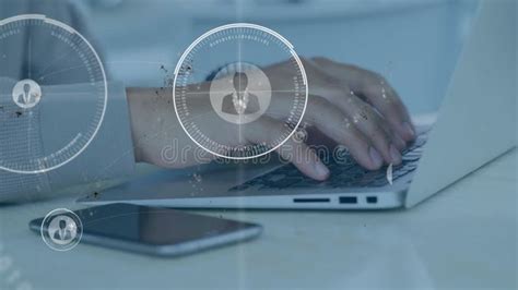 Animation Of Scope Scanning And User Icons Over Caucasian Businesswoman