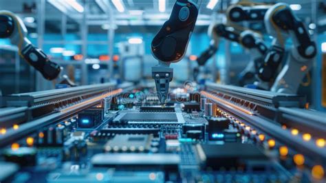 Automated Pcb Assembly Line Conveyor With Robotic Arms In Electronics Factory Stock
