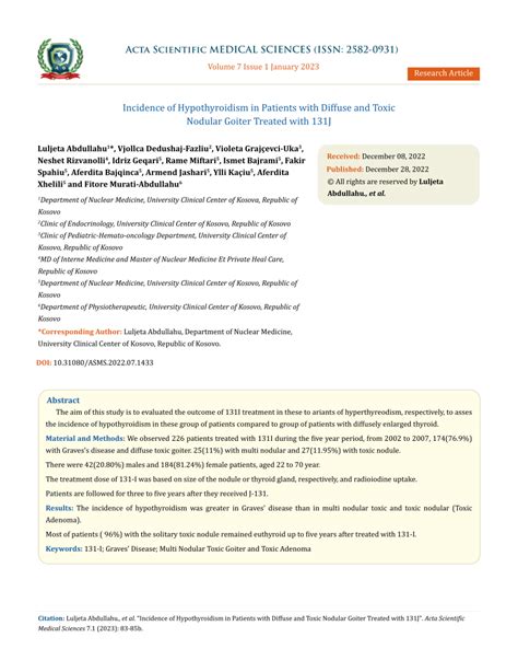 Pdf Incidence Of Hypothyroidism In Patients With Diffuse And Toxic