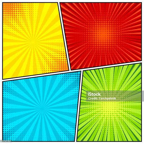 만화 만화 배경 세트 만화는 하프톤 요소와 다채로운 포스터를 예약합니다 복고풍 팝 아트 스타일 벡터 일러스트레이션 곡선에 대한