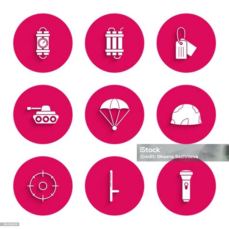 낙하산 경찰 고무 지휘봉 손전등 군용 헬멧 사격 대회 탱크 인식표 및 다이너마이트 폭탄 스틱 및 타이머 시계 아이콘을 위한 대상 스포츠를 설정합니다 벡터 겨냥에 대한 스톡