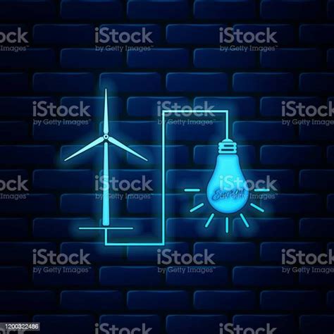 빛나는 네온 풍차 터빈 은 벽돌 벽 배경에 고립 된 전력 에너지와 빛나는 전구 아이콘을 생성합니다 풍력 공장을 이용한 천연 재생 에너지 생산 벡터 일러스트레이션 0명에 대한