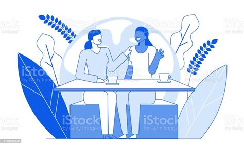 현대 만화 플랫 라인 사람들 문자 여자 친구 이야기 대화 통신 개념입니다 젊은 캐릭터의 사람들에 게 친근 한 대화를 선사 하 여 카페에서 행복 한 시간을 보내세요 감정에