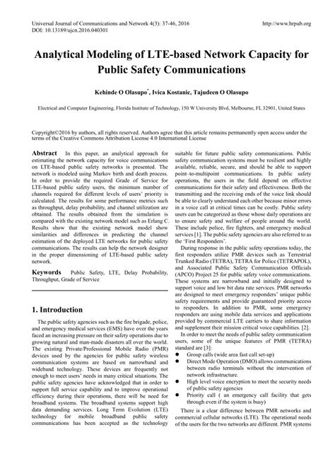 Pdf Analytical Modeling Of Lte Based Network Capacity For Public