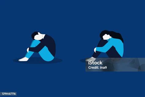 슬프고 불행하고 외로운 남자와 여자는 앉아서 무릎을 껴안고 우울증에 우울한 사람들 어두운 방에서 남성과 여성 정신 건강 만화 플랫 스타일의 벡터 일러스트레이션 검은색에 대한