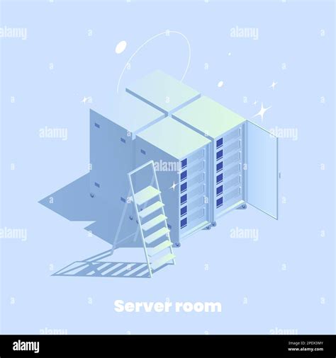 web hosting isometric composition of server rack icons ladder and editable text with silhouettes