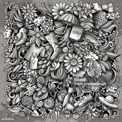 봄 손으로 그린 벡터 낙서 그림입니다 자연 포스터 디자인입니다 3월에 대한 스톡 벡터 아트 및 기타 이미지 3월 3차원