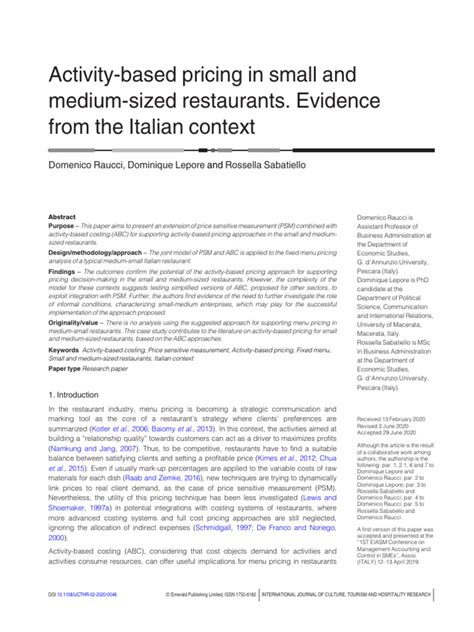 Activity Based Pricing In Small And Medium Sized Restaurants Evidence From The Italian Context