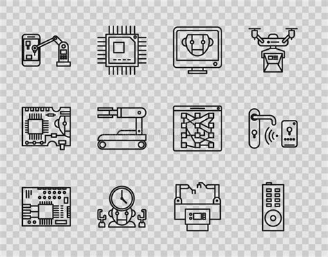 Set Line Printed Circuit Board Pcb Bot Robot And Digital Time Manager Industrial Machine