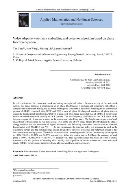 Pdf Video Adaptive Watermark Embedding And Detection Algorithm Based