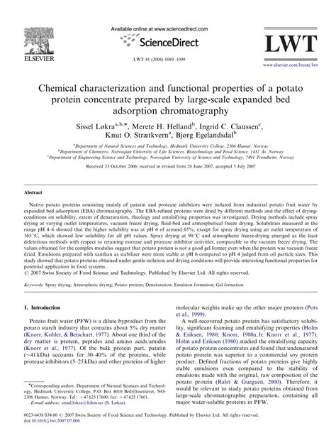 Pdf Chemical Characterization And Functional Properties Of A Potato Protein Concentrate