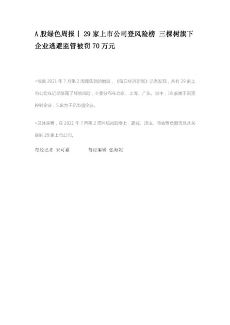 A股绿色周报丨29家上市公司登风险榜 三棵树旗下企业逃避监管被罚70万元