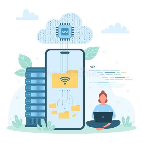 cloud storage for data files set tiny people upload digital document